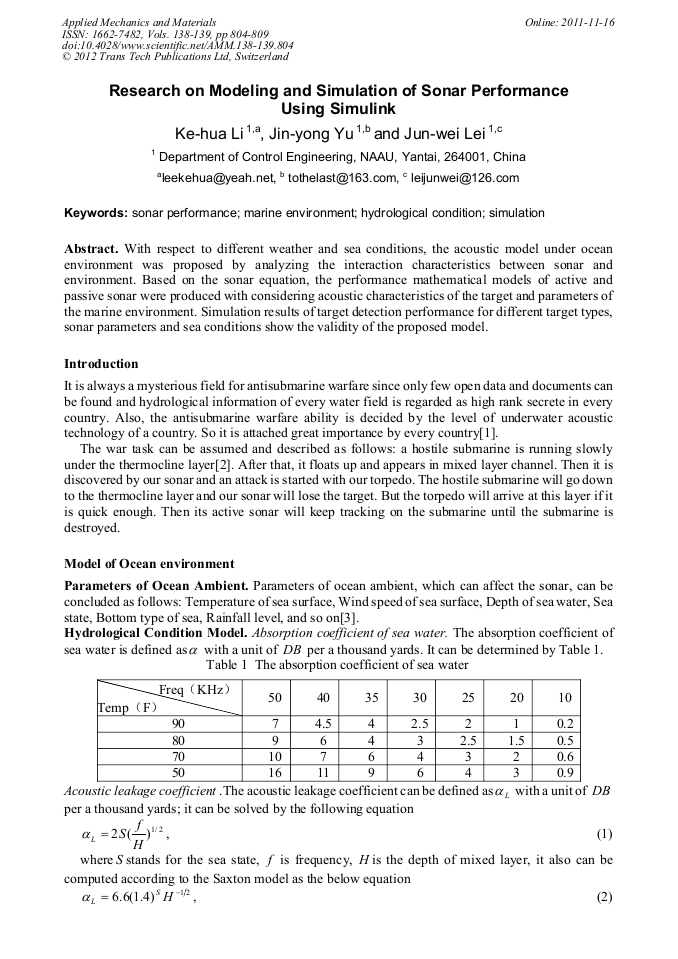 Research on Modeling and Simulation of Sonar Performance Using Simulink | Scientific.Net