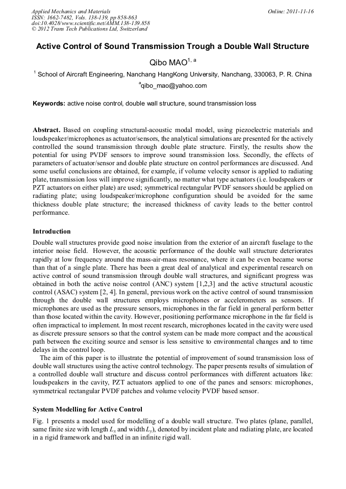 Active Control of Sound Transmission Trough a Double Wall Structure ...