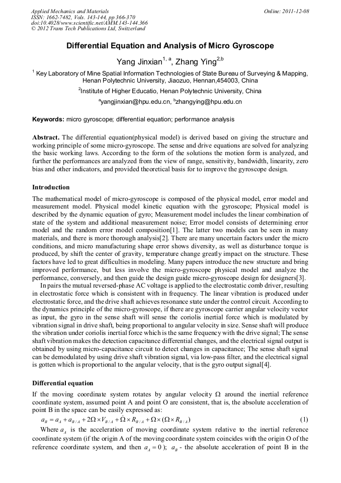 Differential Equation and Analysis of Micro Gyroscope | Scientific.Net