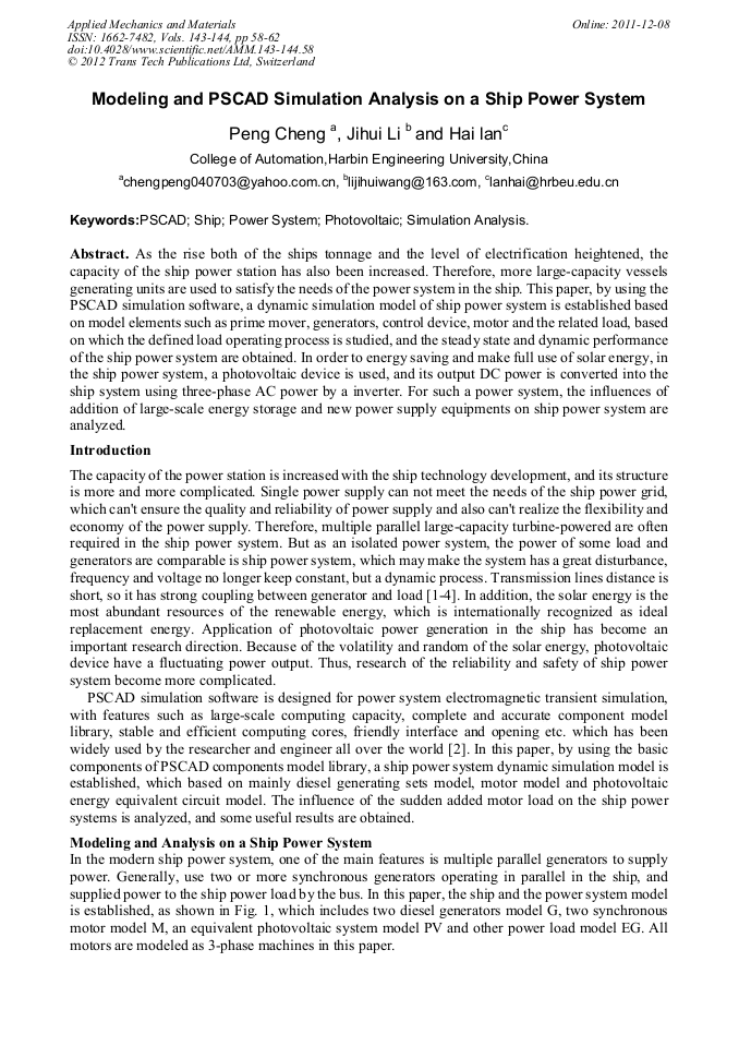 Modeling and PSCAD Simulation Analysis on a Ship Power System ...