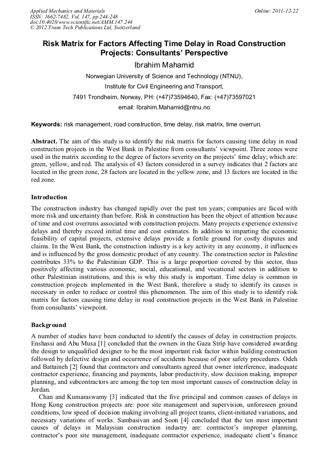 Risk Matrix for Factors Affecting Time Delay in Road Construction ...