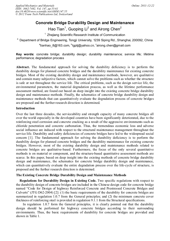 Concrete Bridge Durability Design and Maintenance | Scientific.Net
