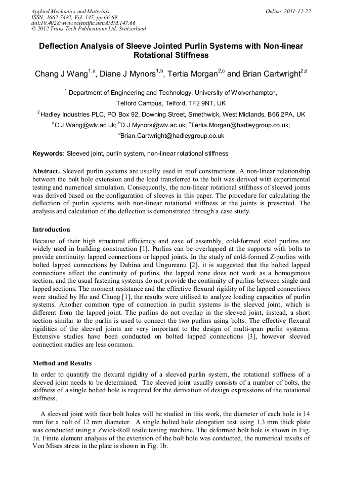 Deflection Analysis of Sleeve Jointed Purlin Systems with Non-Linear ...