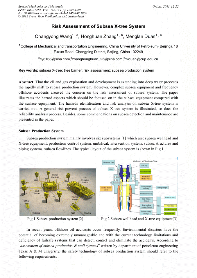 Risk Assessment of Subsea X-Tree System | Scientific.Net