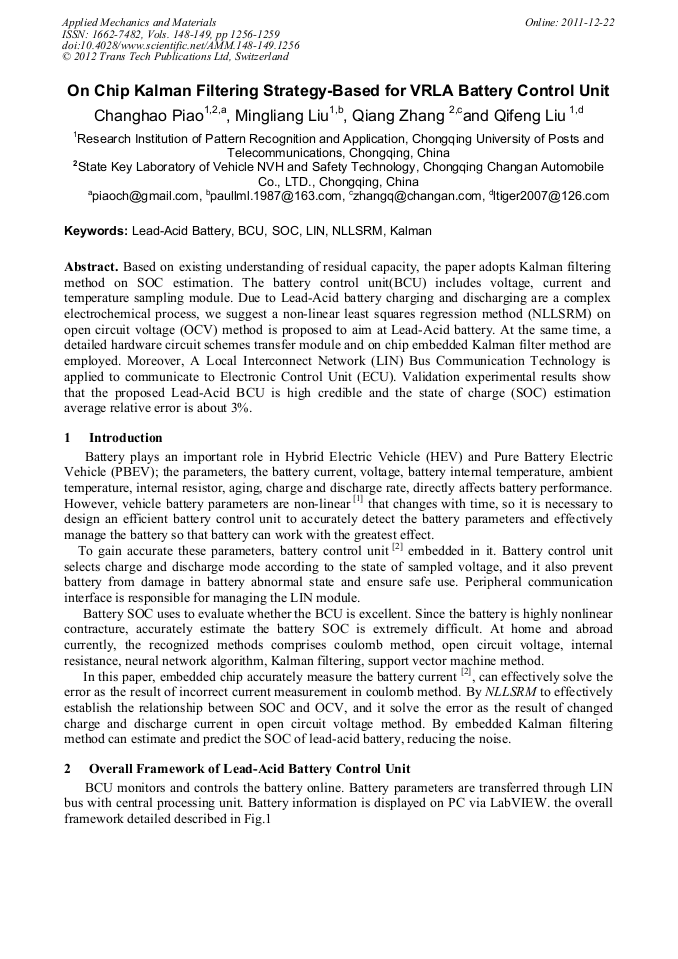 On Chip Kalman Filtering Strategy-Based for VRLA Battery Control Unit ...