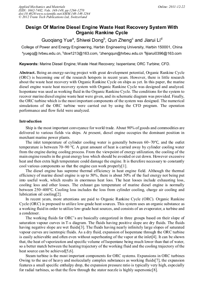 Design of Marine Diesel Engine Waste Heat Recovery System with Organic ...