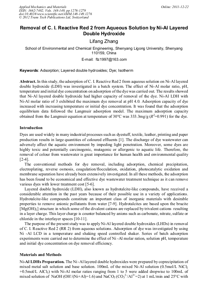 Removal of C. I. Reactive Red 2 from Aqueous Solution by Ni-Al Layered ...