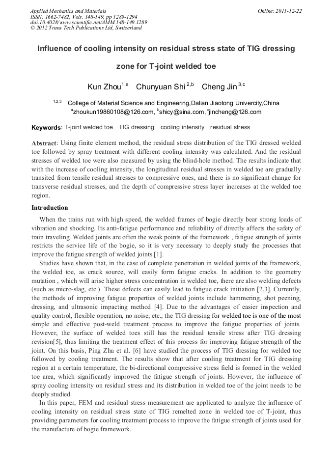 Influence of Cooling Intensity on Residual Stress State of TIG Dressing ...