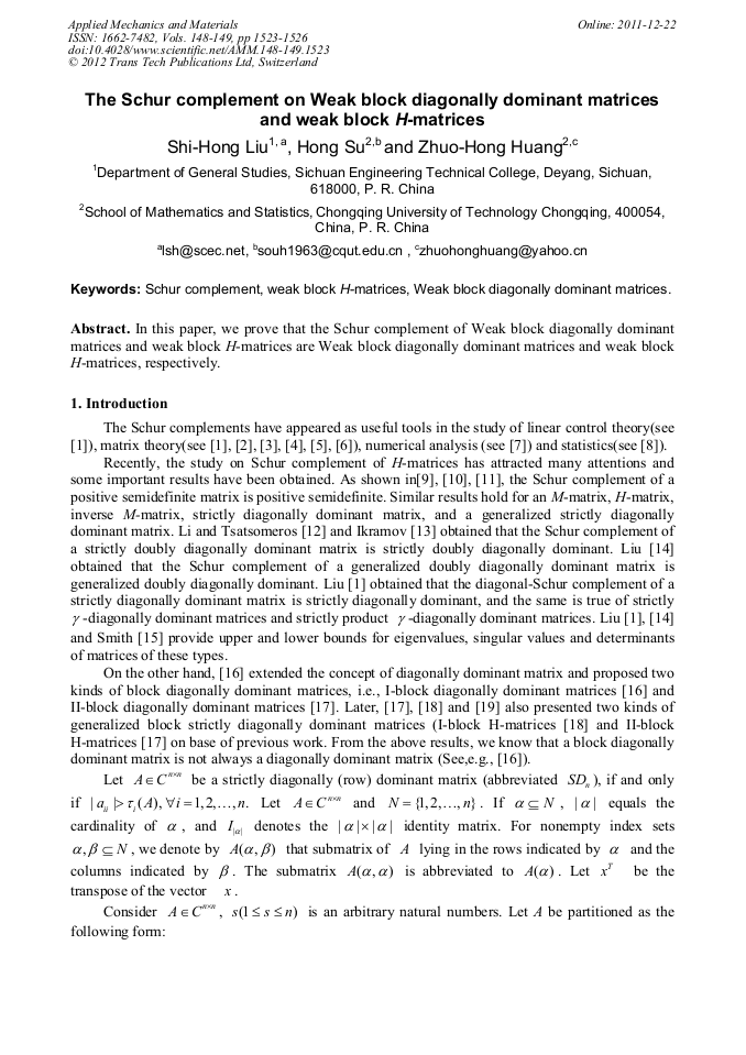 The Schur Complement on Weak Block Diagonally Dominant Matrices and Weak Block H-Matrices ...