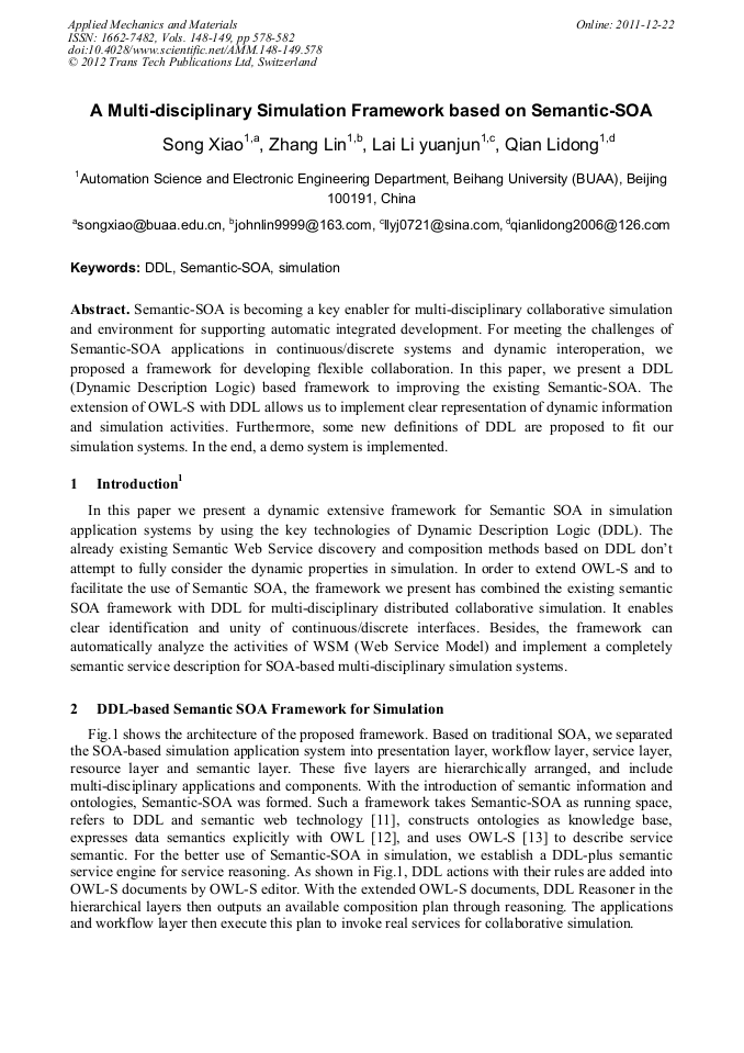 A Multi-Disciplinary Simulation Framework Based on Semantic-SOA | Scientific.Net