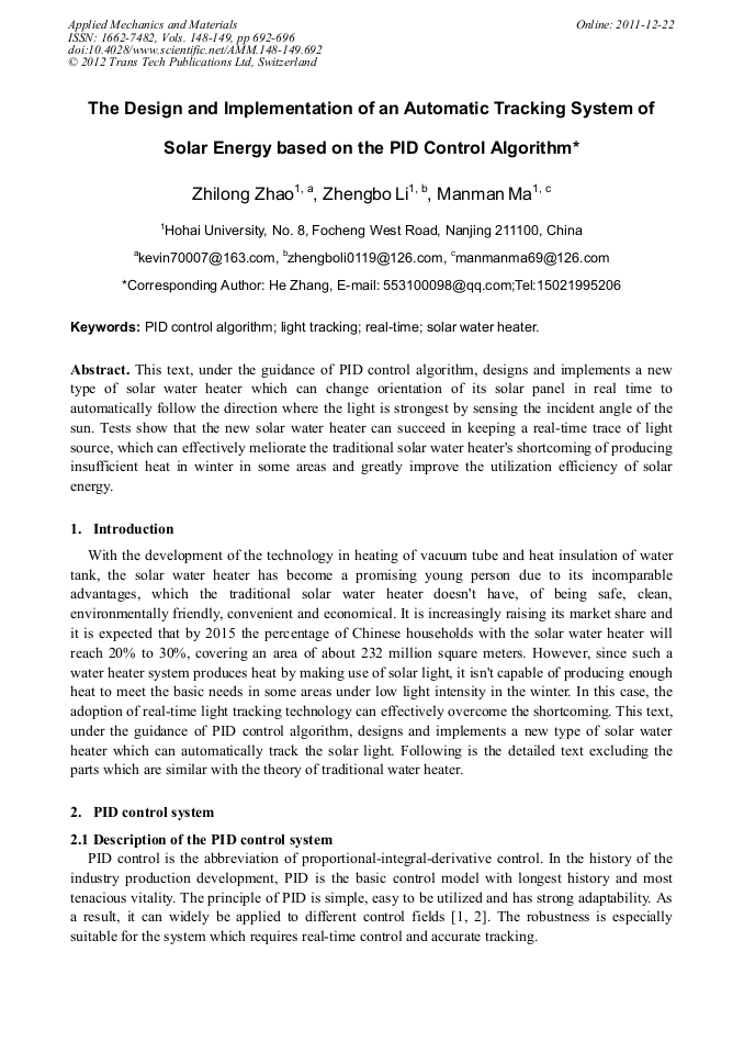 The Design and Implementation of an Automatic Tracking System of Solar ...