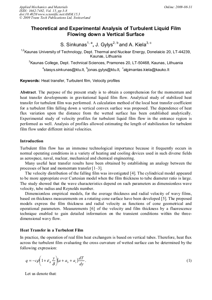 Theoretical and Experimental Analysis of Turbulent Liquid Film Flowing ...