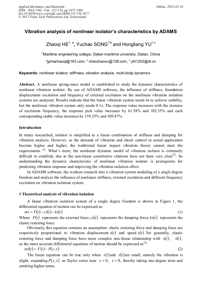 Vibration Analysis of Nonlinear Isolator’s Characteristics by ADAMS | Scientific.Net