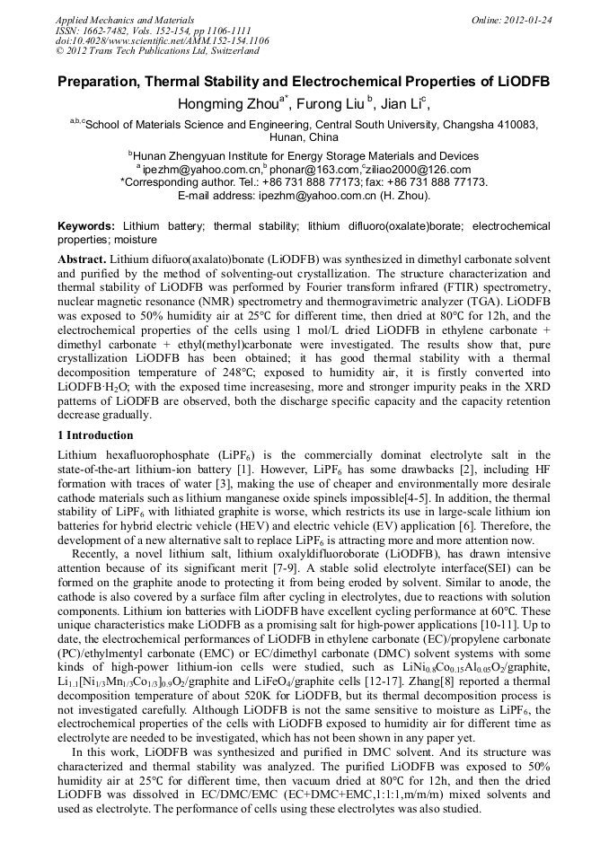 Preparation, Thermal Stability and Electrochemical Properties of LiODFB ...