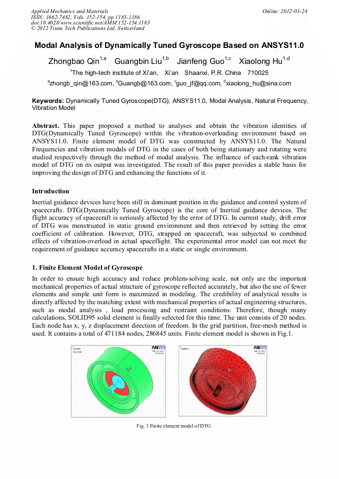 Modal Analysis of Dynamically Tuned Gyroscope Based on ANSYS11.0 ...