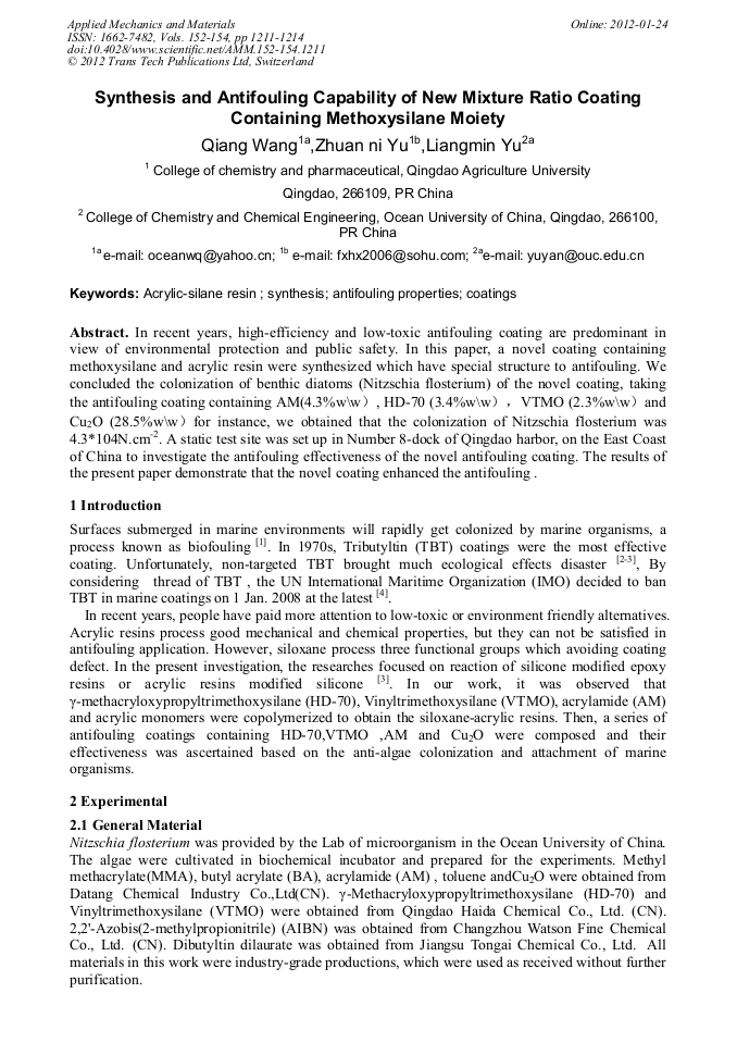 Synthesis and Antifouling Capability of New Mixture Ratio Coating ...