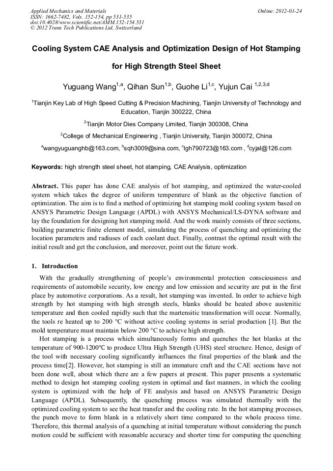 Cooling System CAE Analysis and Optimization Design of Hot Stamping for ...