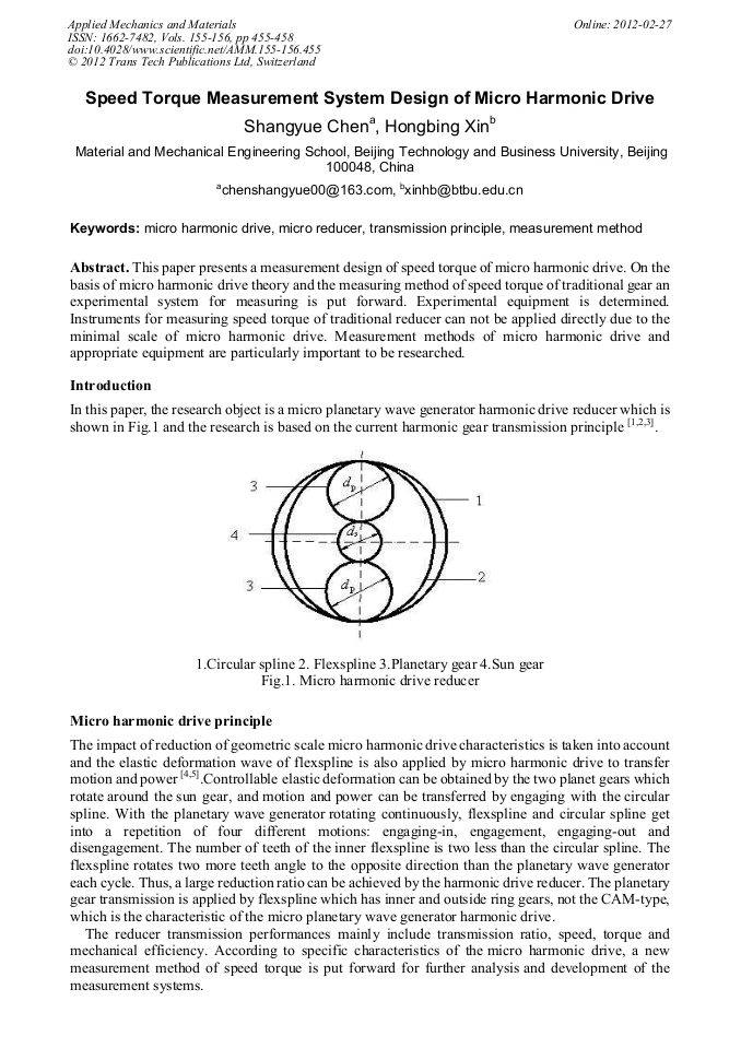 Speed Torque Measurement System Design of Micro Harmonic Drive ...