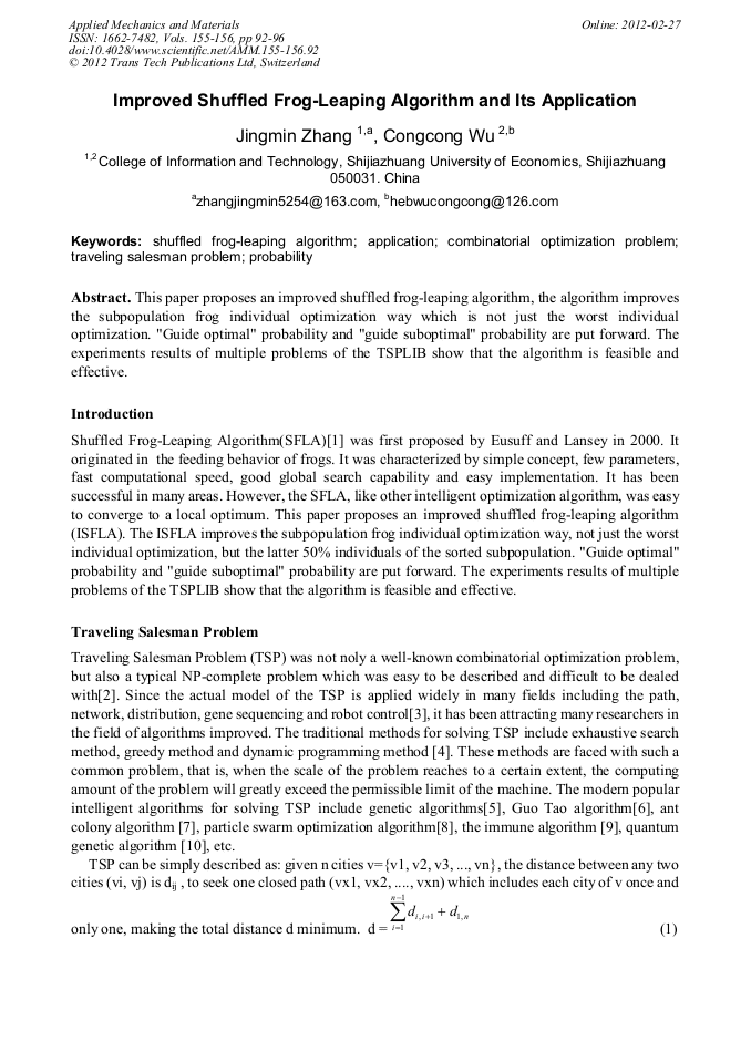 Improved Shuffled Frog-Leaping Algorithm and its Application | Scientific.Net
