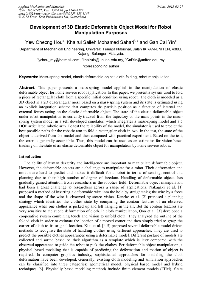 Development of 3D Elastic Deformable Object Model for Robot Manipulation Purposes | Scientific.Net