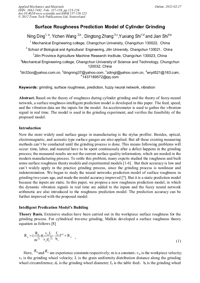 Surface Roughness Prediction Model of Cylinder Grinding | Scientific.Net