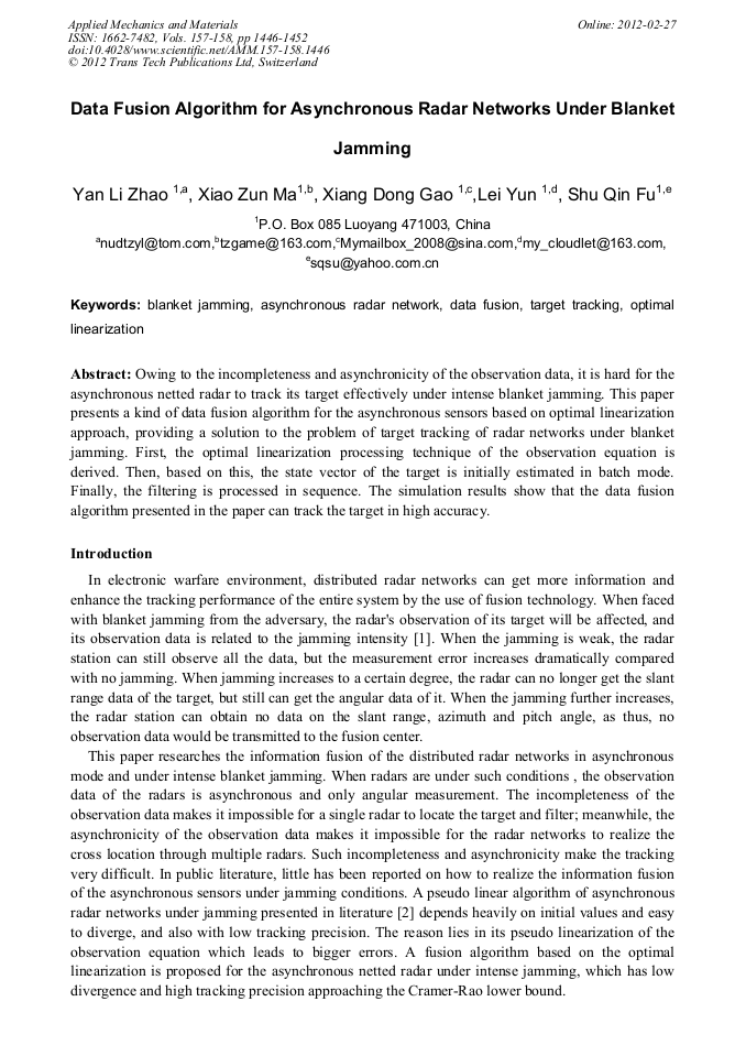Data Fusion Algorithm for Asynchronous Radar Networks under Blanket Jamming | Scientific.Net