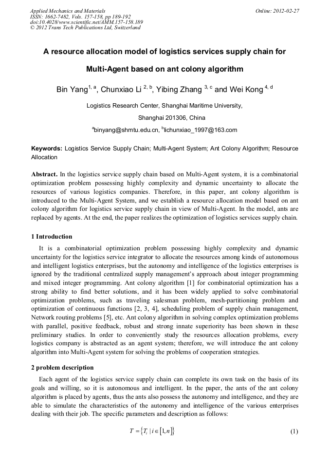 A Resource Allocation Model of Logistics Services Supply Chain for ...