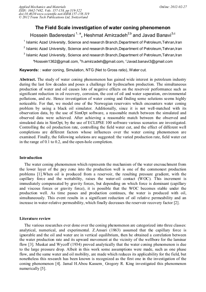 The Field Scale Investigation of Water Coning Phenomenon | Scientific.Net
