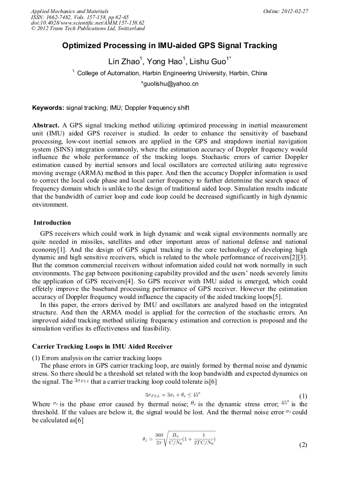 Optimized Processing in IMU-Aided GPS Signal Tracking | Scientific.Net