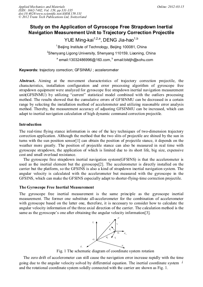 Study on the Application of Gyroscope Free Strapdown Inertial ...