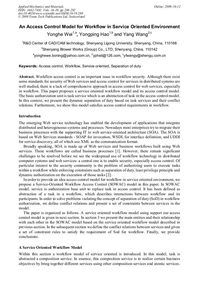 An Access Control Model for Workflow in Service Oriented Environment | Scientific.Net