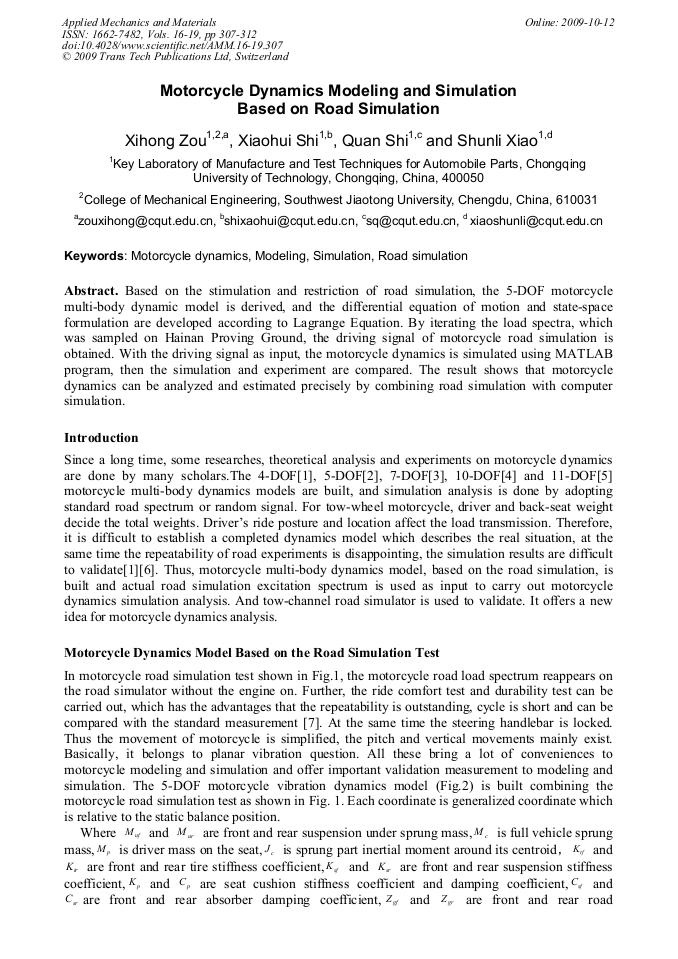 Motorcycle Dynamics Modeling and Simulation Based on Road Simulation ...