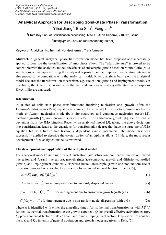 Analytical Approach for Describing Solid-State Phase Transformation ...