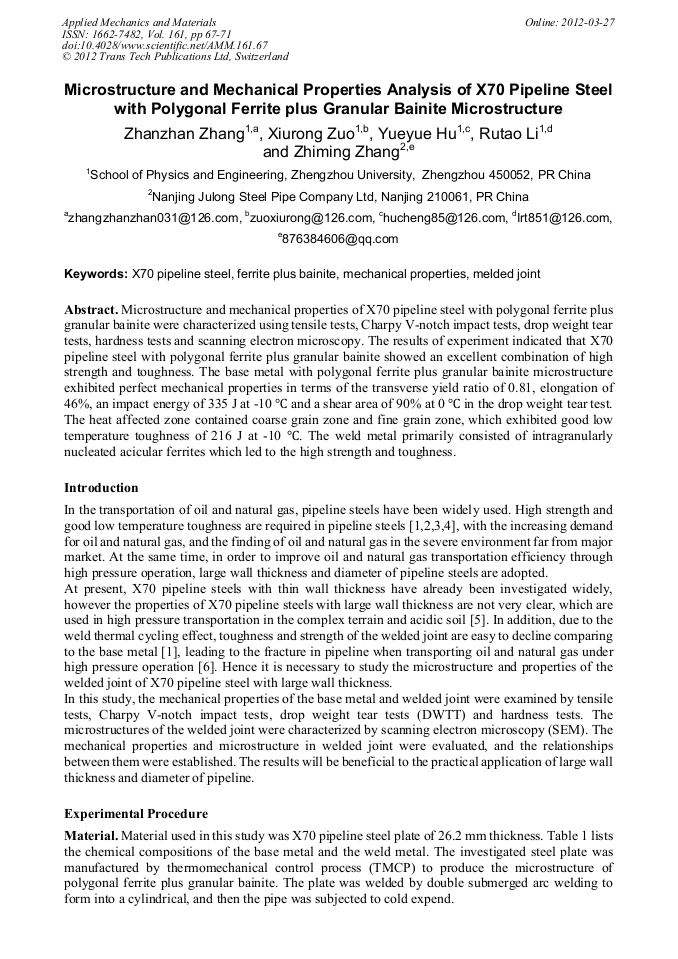 Microstructure and Mechanical Properties Analysis of X70 Pipeline Steel ...