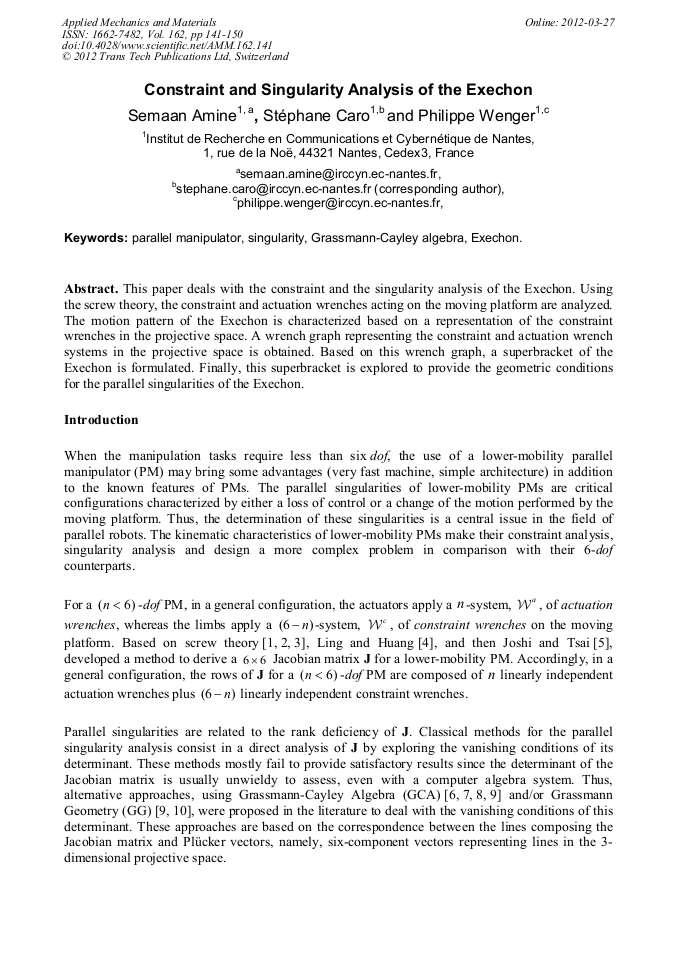 Constraint and Singularity Analysis of the Exechon | Scientific.Net