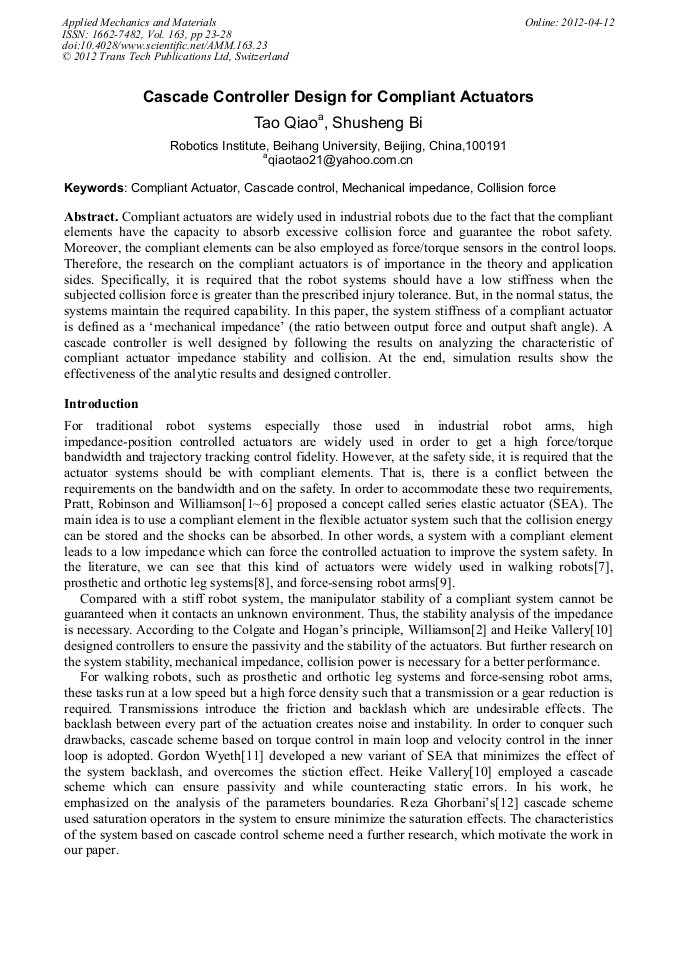 Cascade Controller Design for Compliant Actuators | Scientific.Net