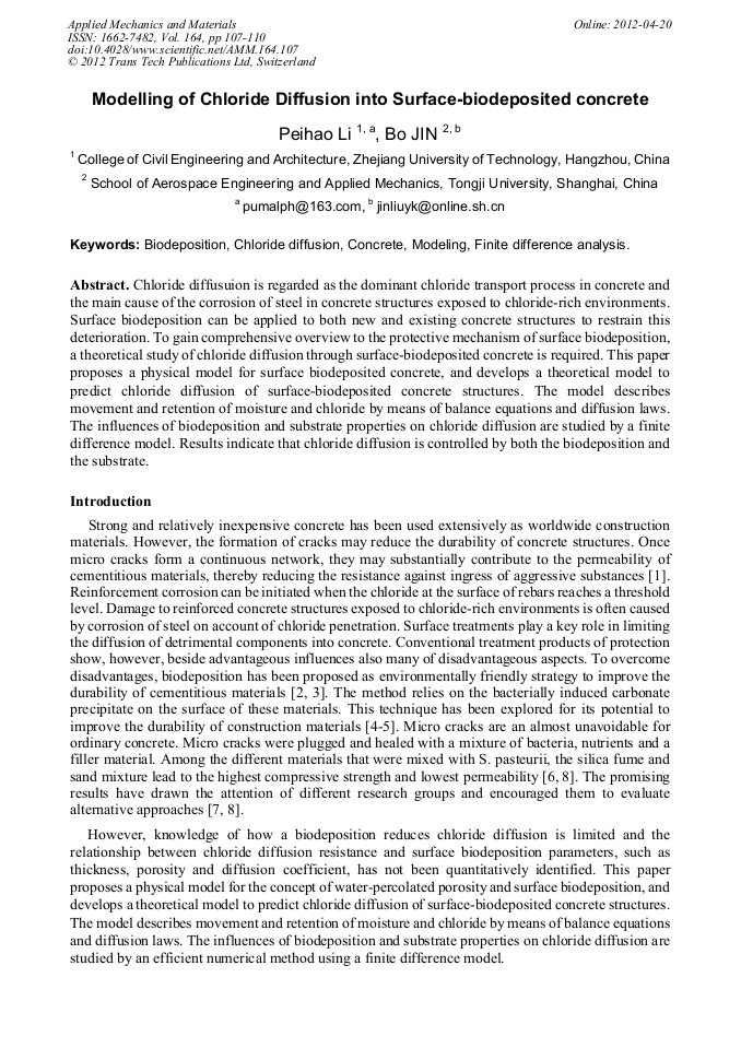 Modelling of Chloride Diffusion into Surface-Biodeposited Concrete ...
