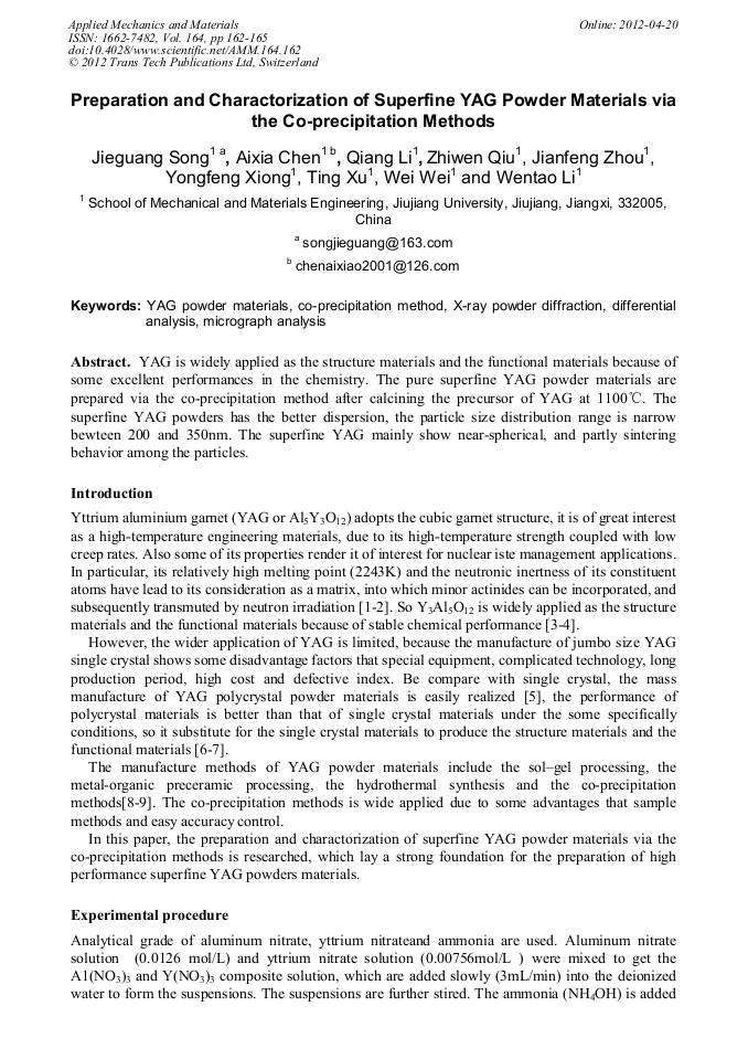 Preparation and Charactorization of Superfine YAG Powder Materials via ...
