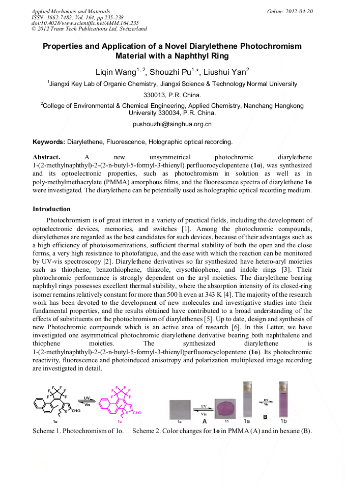 Properties and Application of a Novel Diarylethene Photochromism ...