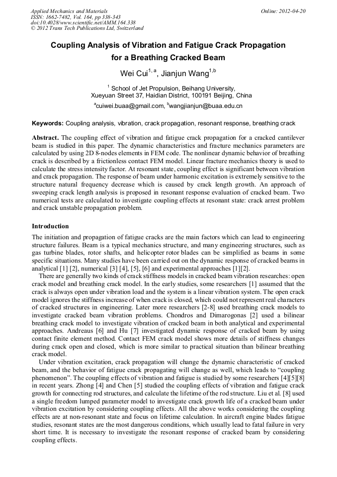 Coupling Analysis of Vibration and Fatigue Crack Propagation for a ...