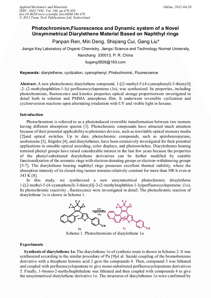 Photochromism, Fluorescence and Dynamic System of a Novel Unsymmetrical ...