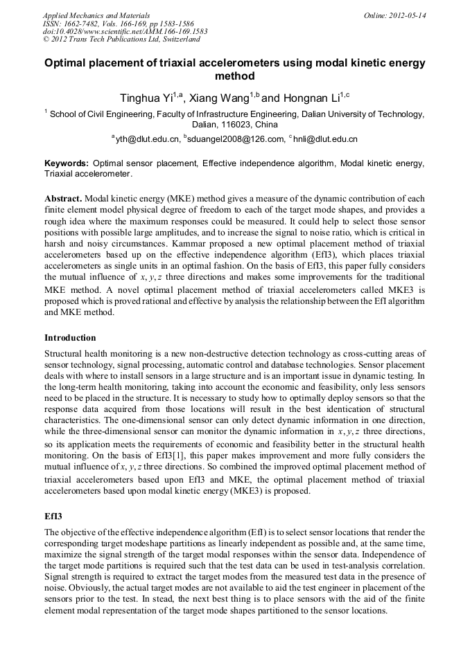 Optimal Placement of Triaxial Accelerometers Using Modal Kinetic Energy ...