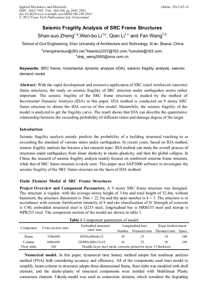 Seismic Fragility Analysis of SRC Frame Structures | Scientific.Net