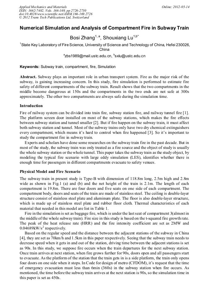 Numerical Simulation and Analysis of Compartment Fire in Subway Train ...