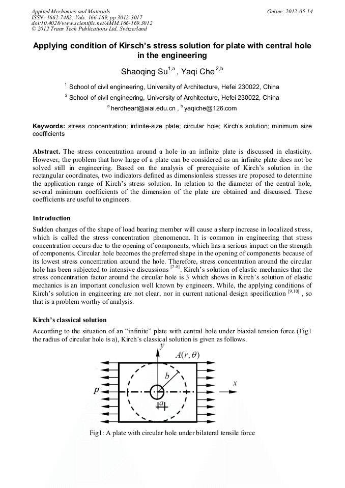 Applying Condition of Kirsch’s Stress Solution for Plate with Central ...