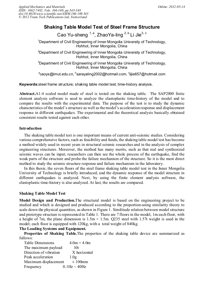 Shaking Table Model Test of Steel Frame Structure | Scientific.Net