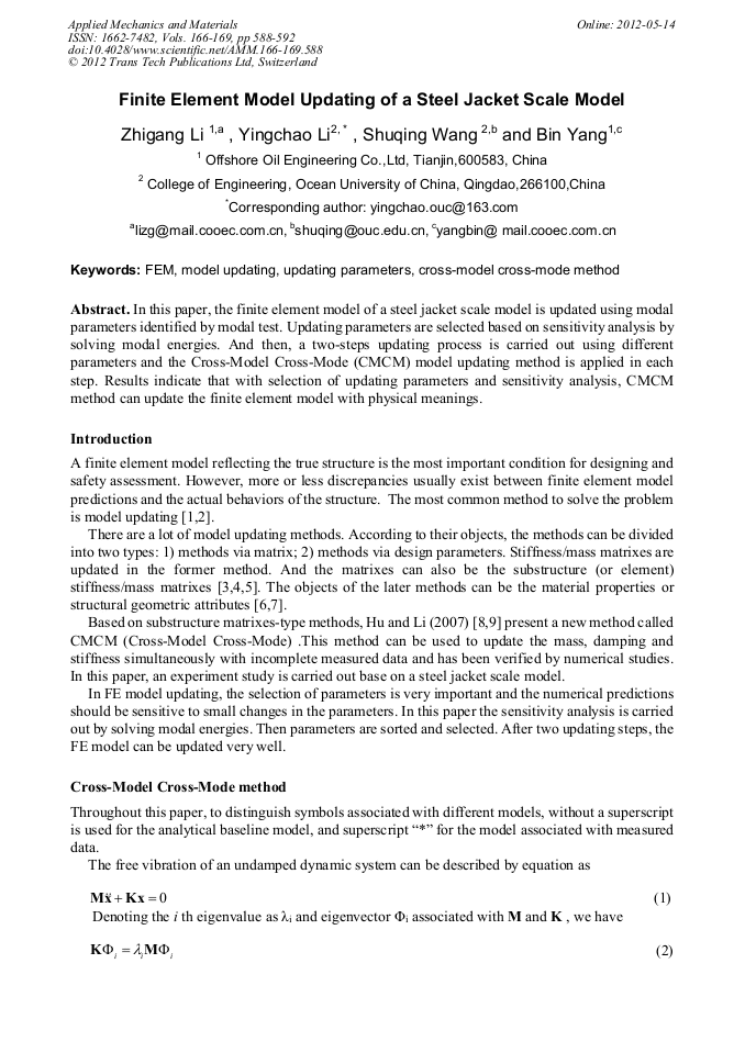 Finite Element Model Updating of a Steel Jacket Scale Model ...