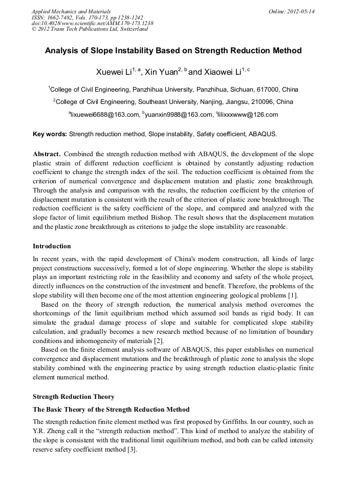 Analysis of Slope Instability Based on Strength Reduction Method ...