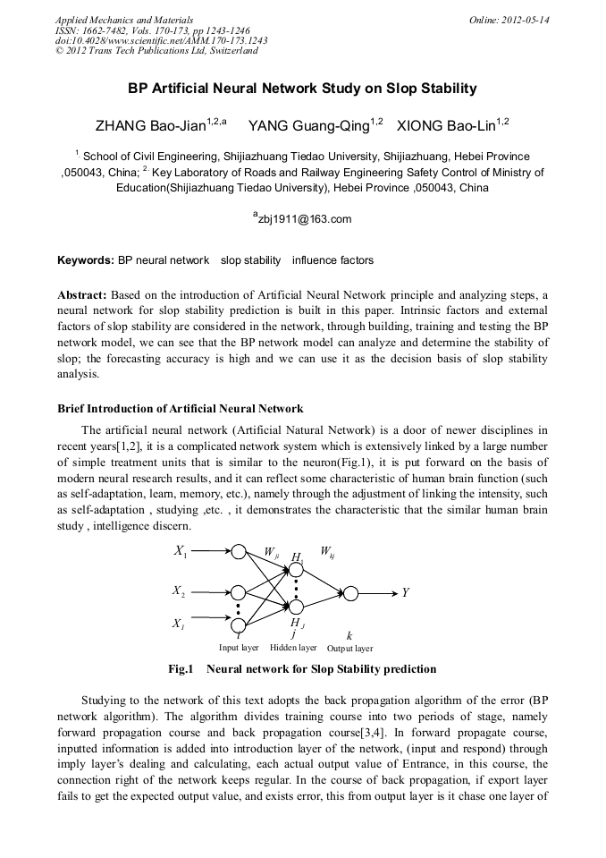 BP Artificial Neural Network Study on Slop Stability | Scientific.Net