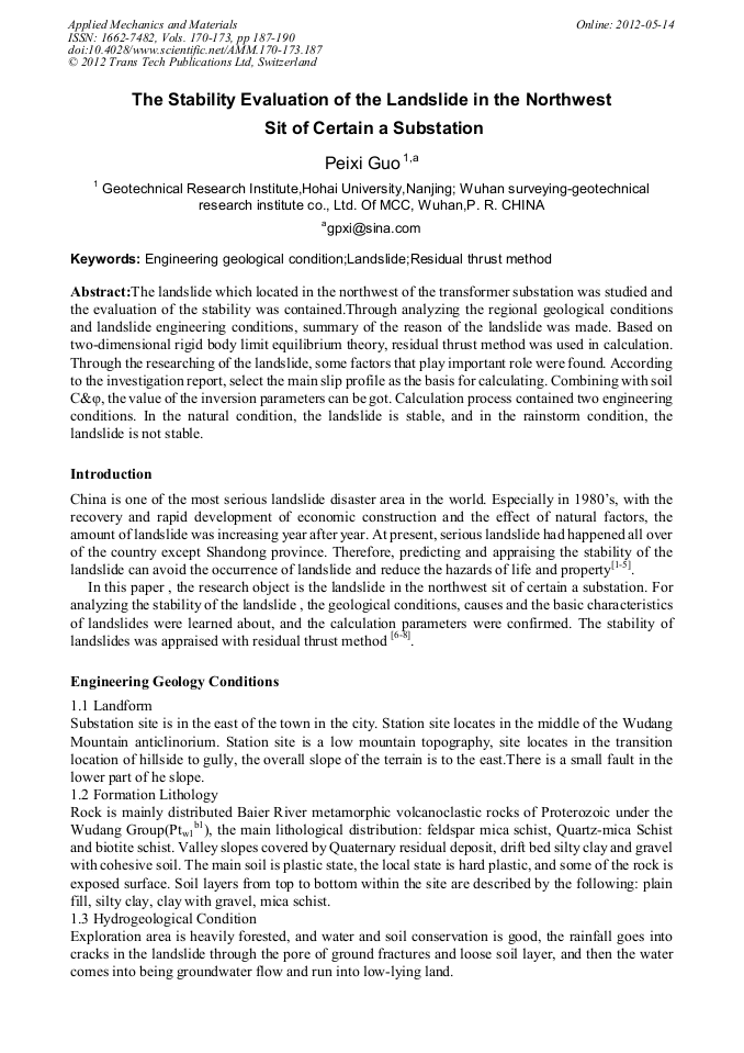 The Stability Evaluation of the Landslide in the Northwest Sit of Certain a Substation ...